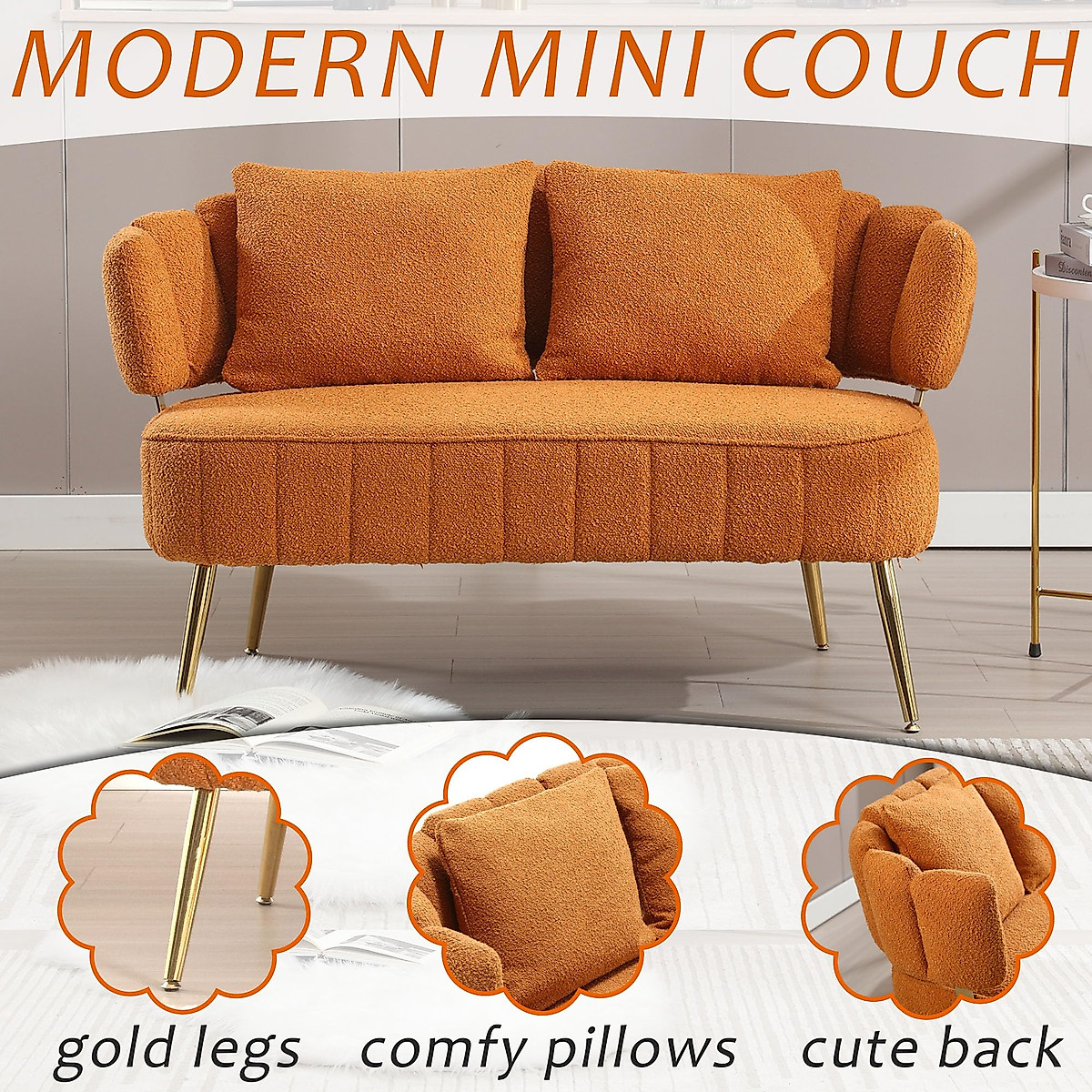 HRVEOCEI Boucle Loveseat Sofa, 52" Small Couch for Small Space Bedroom, Modern Mini Couch Sofa with Gold Chrome Legs and Comfy Pillows for Office Dorm (Orange)