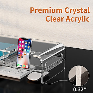 ErgoFocus 20inch Large Acrylic Monitor Stand Riser, 2-Tier Clear Monitor Stand with Built-in Phone Holder, Premium Acrylic Monitor Riser with Keyboard Storage