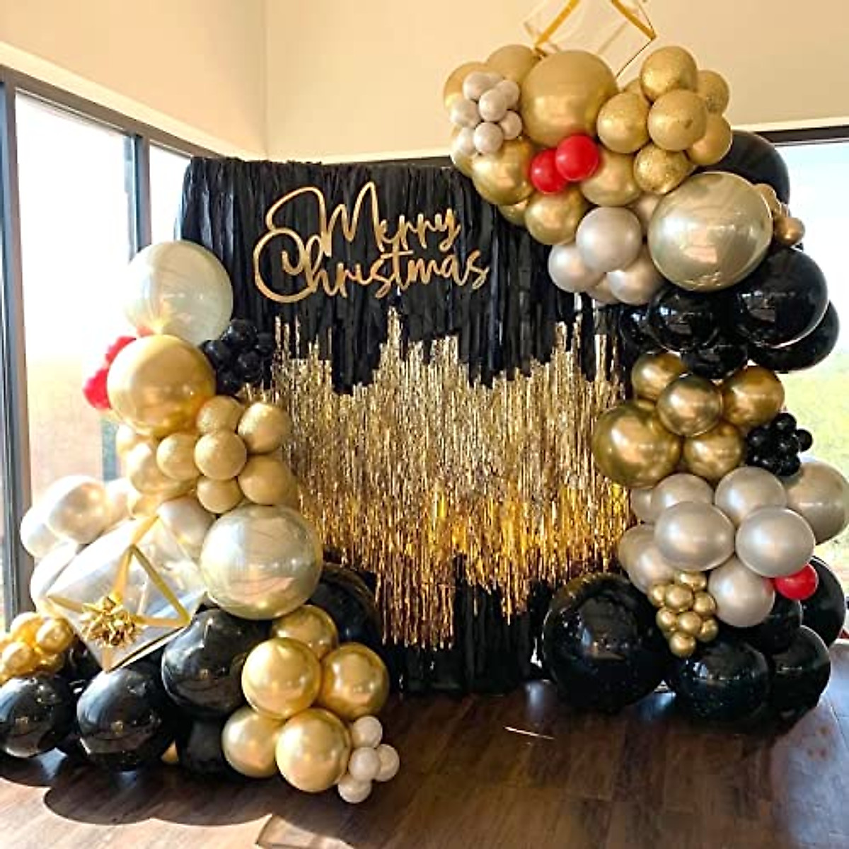 FOTIOMRG 130pcs Metallic Gold Balloon Garland Arch Kit with Fringe Backdrop, 18 12 10 5 inch Chrome Gold Latex Balloons Different Sizes Pack for Engagement Baby Shower Halloween Wedding Birthday Party Decorations