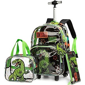 MOHCO Clear Rolling Backpack Kids Wheeled School Bookbag for Boys and Girls (Dinosaur)