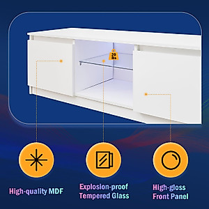 Boloni White TV Stand with LED Light for 55 Inch TV, Modern Entertainment Center Stand with 2 Drawer Storage, Media Console Cabinet with Color-Changing Lighting for Living Room
