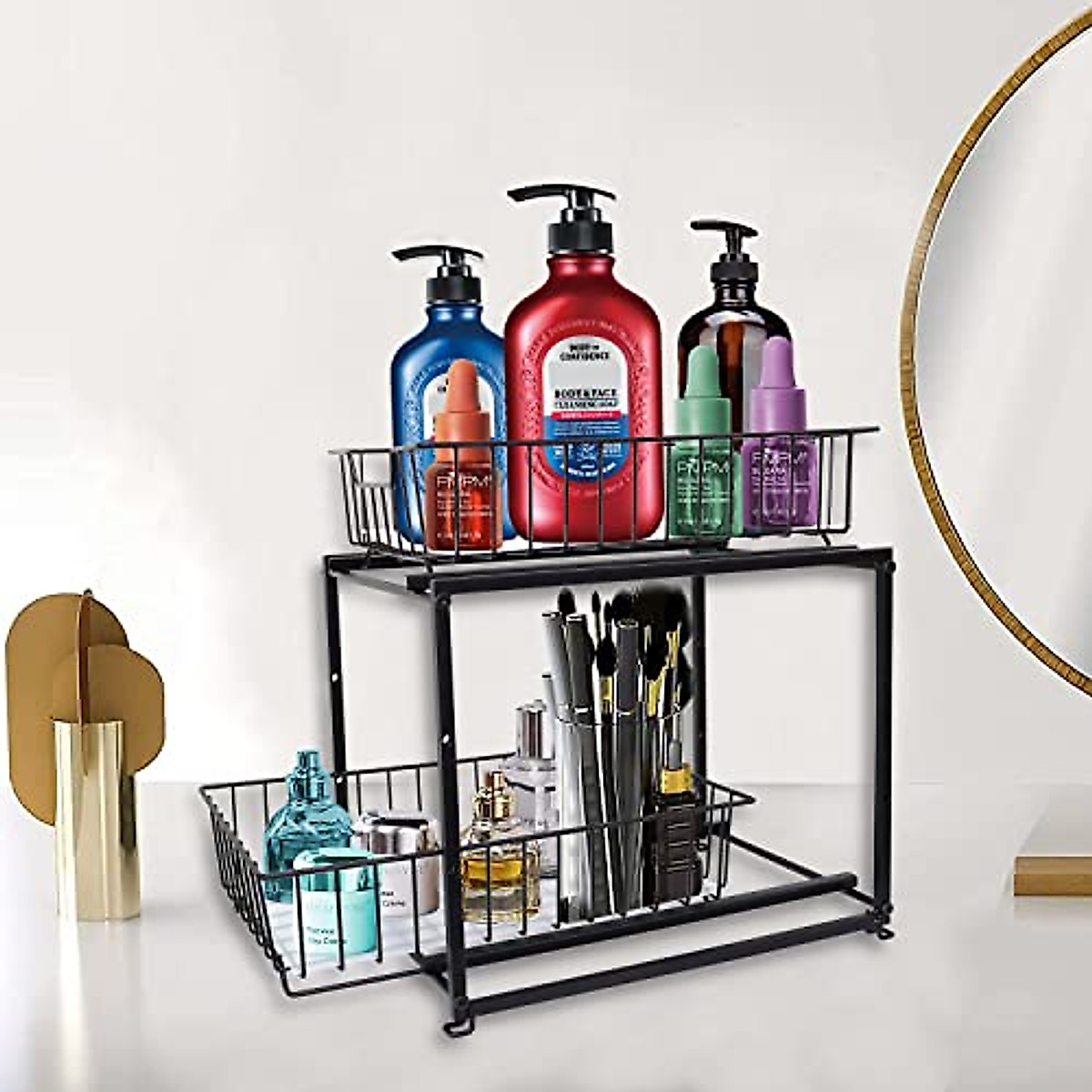 FERLAN Under Sink Organizer, 2-Tier Stackable Kitchen Cabinet Organizer and Storage With Sliding Storage Drawer, for Kitchen, Bathroom, Office, Pantry, Cabinet, Black