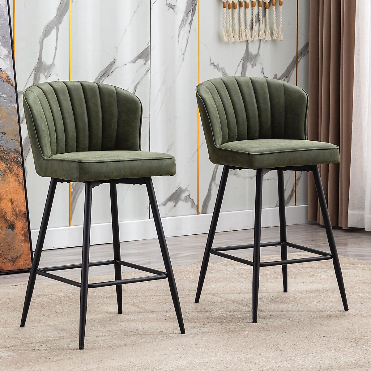 CIMOO Green Leather Bar Stools Set of 2 Mid Century Modern Counter Stools 26 Inch Counter Height Stool Chairs Upholstered Kitchen Island Chairs with Back, PU Faux Letaher