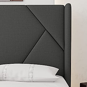 iPormis Queen Size Modern Wingback Bed Frame, Geometric Upholstered Platform Bed with 24" Headboard, 8" Storage Space, Wood Slats Support, No Box Spring Needed, Dark Grey