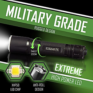 EcoGear FX TK2000 Tactical Flashlight Kit - Delivering 2000 Lumens Max, 3 Light Modes with Instant Strobe Light, Adjustable Focus Zoom, USB Rechargeable with a 5000mAh High Power Battery