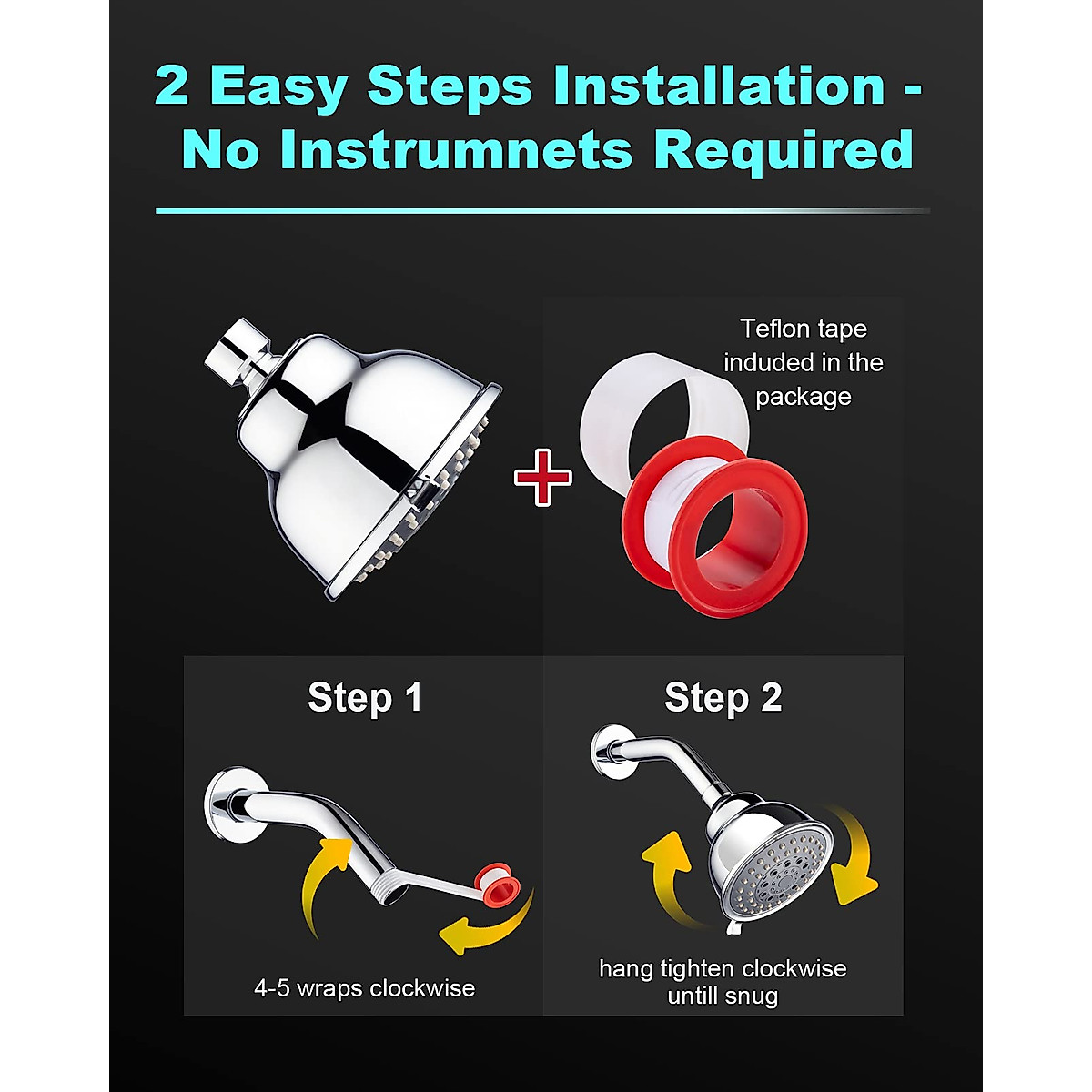 Shower Head High Pressure, Rain Shower Head, 4 Inch Detachable Showerheads, Tool-Free Installation, Automatic Cleaning, 5 Spray Settings, More Water Savings (2.5 GPM)