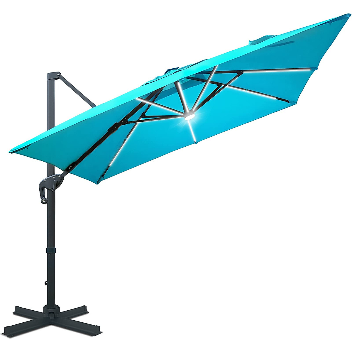 Sunnyglade 10x10ft Solar Powered LED Cantilever Patio Umbrella Square Deluxe Offset Umbrella 360°Rotation & Integrated Tilting System & LED lights for Market Garden Deck Pool Backyard Patio