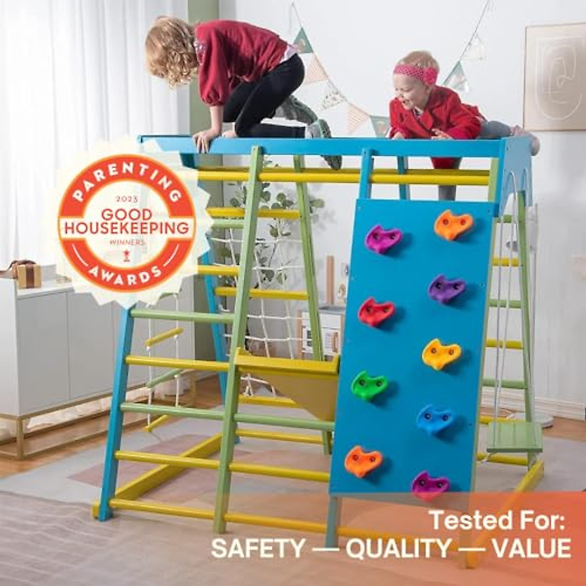 Avenlur Magnolia Indoor Playground 6-in-1 Jungle Gym Montessori Waldorf Style Wooden Climber Playset Slide, Rock Climbing Wall, Rope Wall Climber, Monkey Bars, Swing for Toddlers, Children Kids 2-6yrs