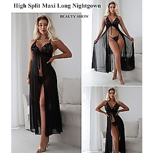 Avidlove Women's Sexy Babydoll High Split Long Maxi Lace Dress Lingerie Gown Black