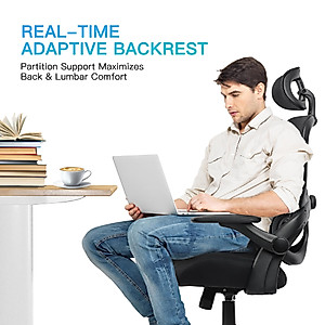 FAMSINGO Ergonomic Mesh Office Chair, High Back Comfortable Desk Chair with Adjustable Lumbar Support, Headrest and Flip-up arms, Wide Memory Foam Seat, Executive Swivel Chair(Black)