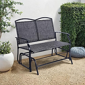 Backyard Expressions 2-Person Outdoor Glider Bench, Patio Double Swing Rocking Chair Loveseat w/Powder Coated Steel Frame for Backyard Garden Porch, Black Frame - Heathered Grey Sling Fabric