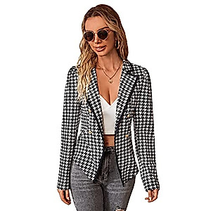 WDIRARA Women's Houndstooth Lapel Long Sleeve Elegant Coat Work Office Jackets Blazers Black and White XS