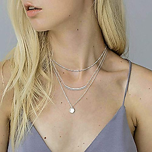 Aisansty Layered Coin Tube Pendant Choker Necklace for Women Girls Dainty Bar Silver Plated Layering Chain Neckalces Set