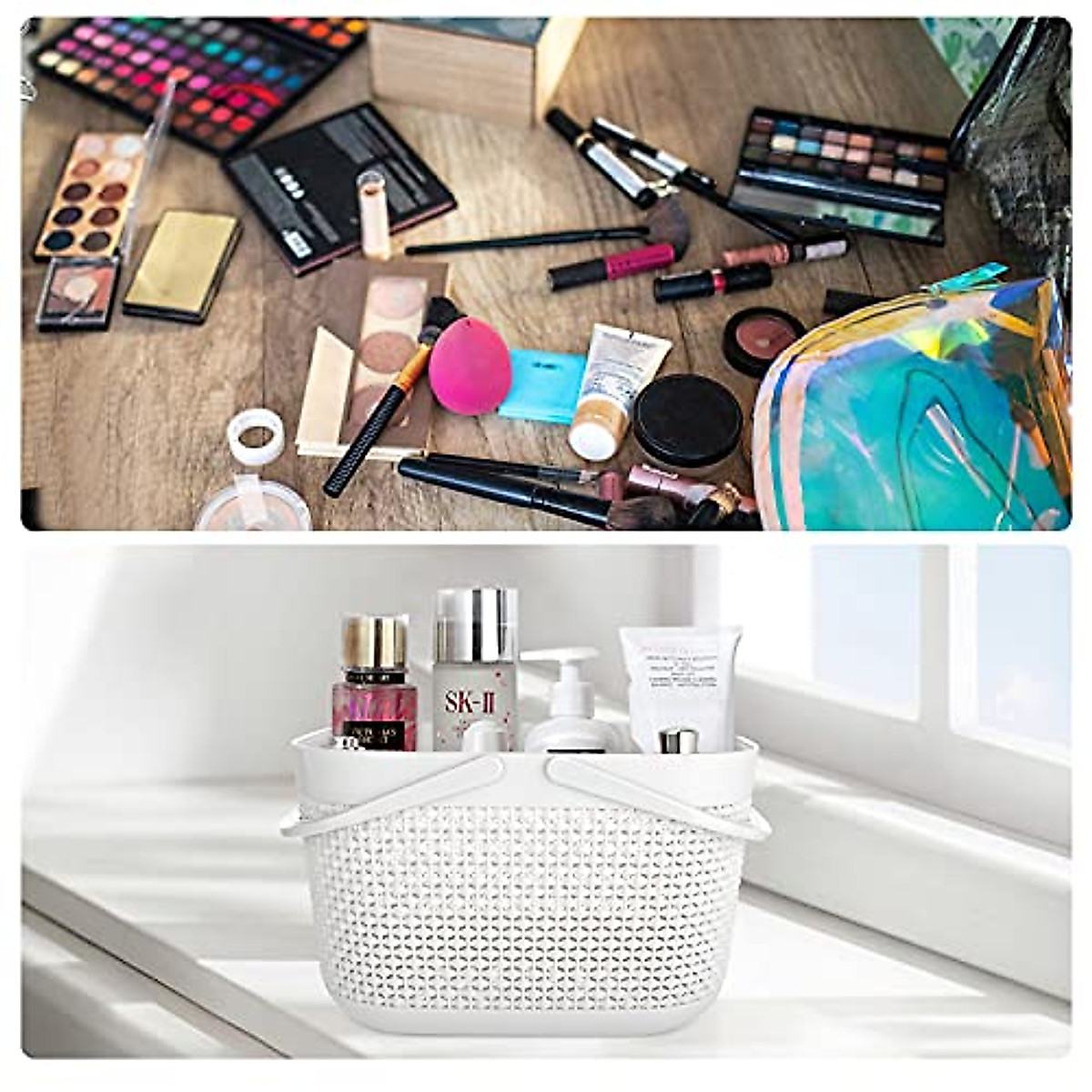 Plastic Organizer Storage Baskets with Handle, Plastic Shower Caddy for Bathroom, Dorm, Bedroom and Kitchen, Free Two Bottles of Shower