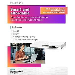 HPE Networking Instant On Switch Series 1830 24-Port Gb Smart-Managed Layer 2 Ethernet Switch with PoE | 24x 1G | 2X SFP | 12x CL4 PoE (195W) | Fan-Less | US Cord (JL813A#ABA)
