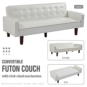 IULULU Futon Sofa Bed, Modern Convertible Faux Leather Sleeper Couch with Armrests for Studio, Office, Apartment, Compact Living, Game Room, Overnight Guests, White