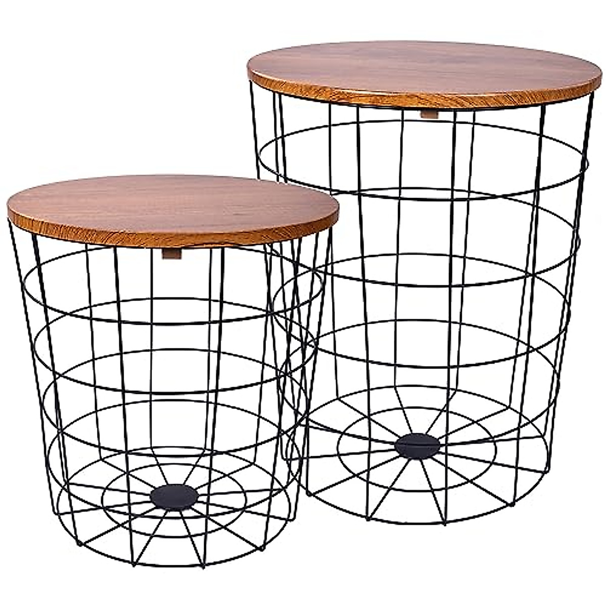 Elevon Wire Basket Base with Wood Tops Side Table Set of 2, Brown