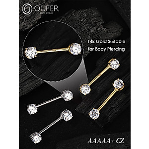 OUFER 2PCS Nipple Rings, 14K Solid Gold Nipple Piercing Jewelry, Clear CZ Nipple Piercing, 14G Nipple Barbells, Nipple Rings For Women Men
