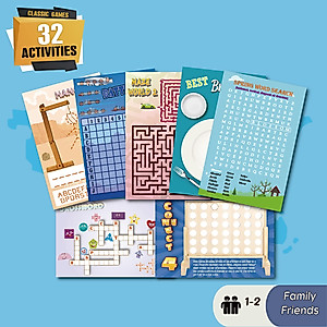 GRANDLMOON 2 Pack Reusable 32 Activity Game Mats Pads with Dry Erase Marker as Travel Toy & Learning Tool for Ages 6-12 (9”X 6”)