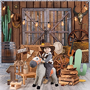 7 x 5 FT Western Cowboy Backdrop, Western Party Decorations Supplies Wild West Decor Rustic Wooden House Warehouse Barn Photography Background for Kids Boy Children Baby Birthday Banner Photo Booth