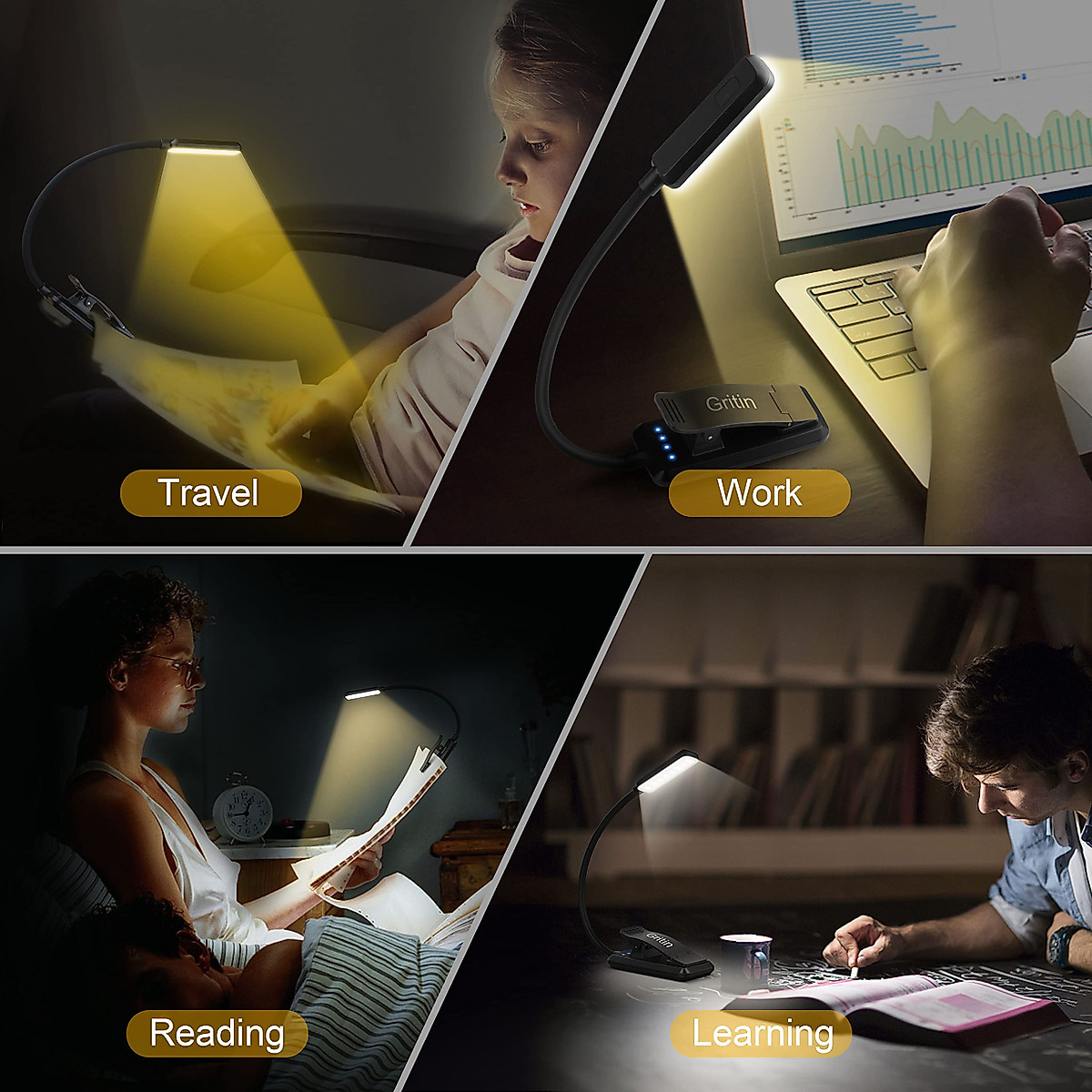 Gritin 9 LED Rechargeable Book Light for Reading in Bed - Eye Caring 3 Color Temperatures,Stepless Dimming Brightness,12+Hrs Runtime Small Lightweight Clip On Book Reading Light for Kids,Studying