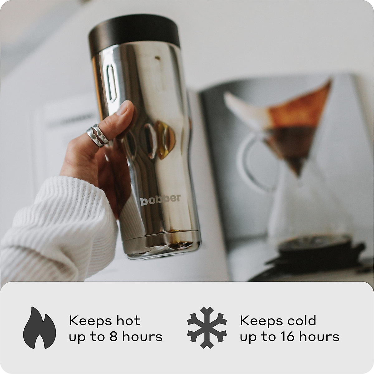 BOBBER - 16 Oz Vacuum Insulated Stainless Steel Portable Travel Coffee Mug With 100% Leakproof Locked Lid (Glossy)