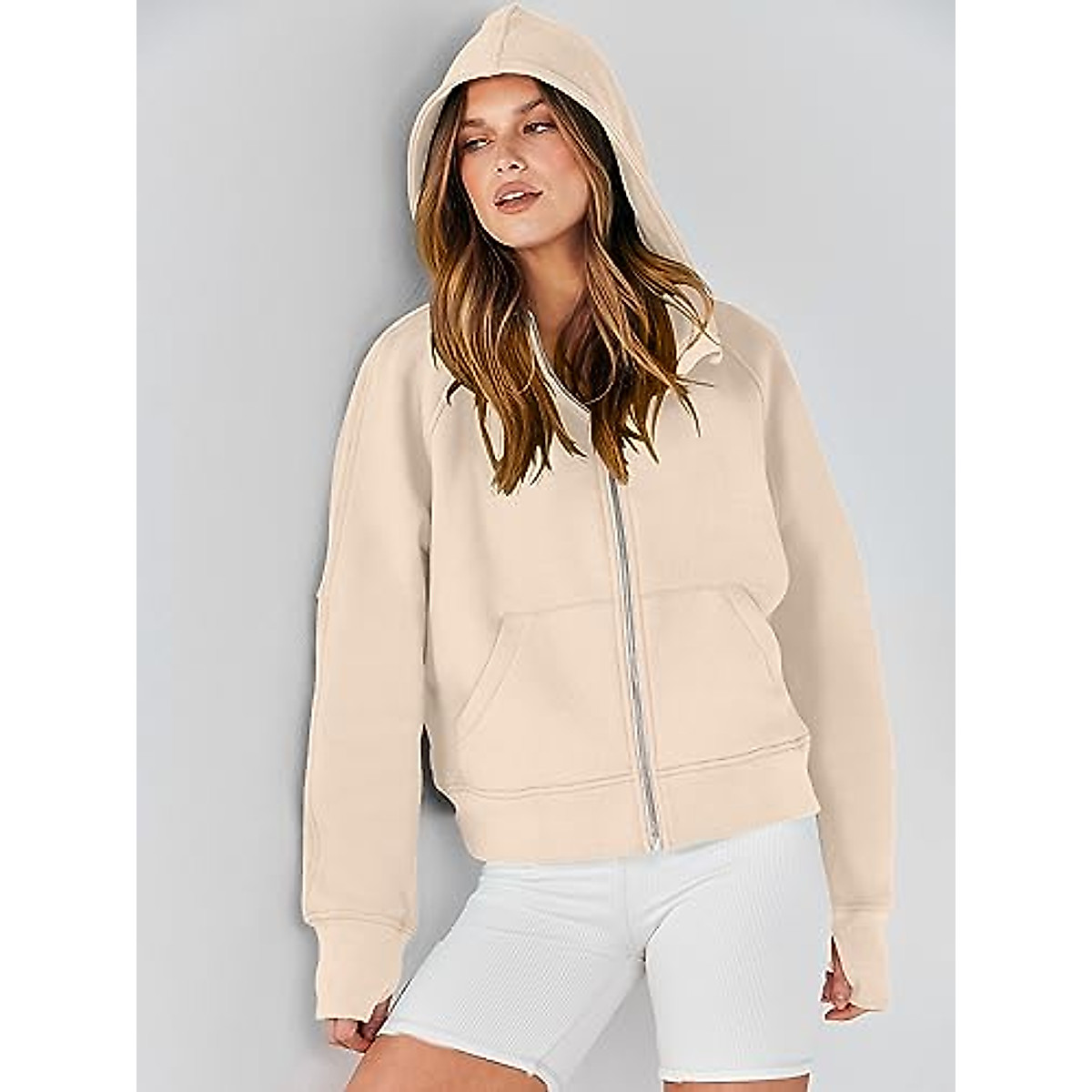 ANRABESS Women's Cropped Hoodies 2023 Fall Plain Jacket Cute Teen Girl Athletic Tops Ribbed Knit Casual Long Sleeve Fleece Sweatshirts Zip Up Hippie Clothes Thumb Hole A1015shenkaqi-S Apricot