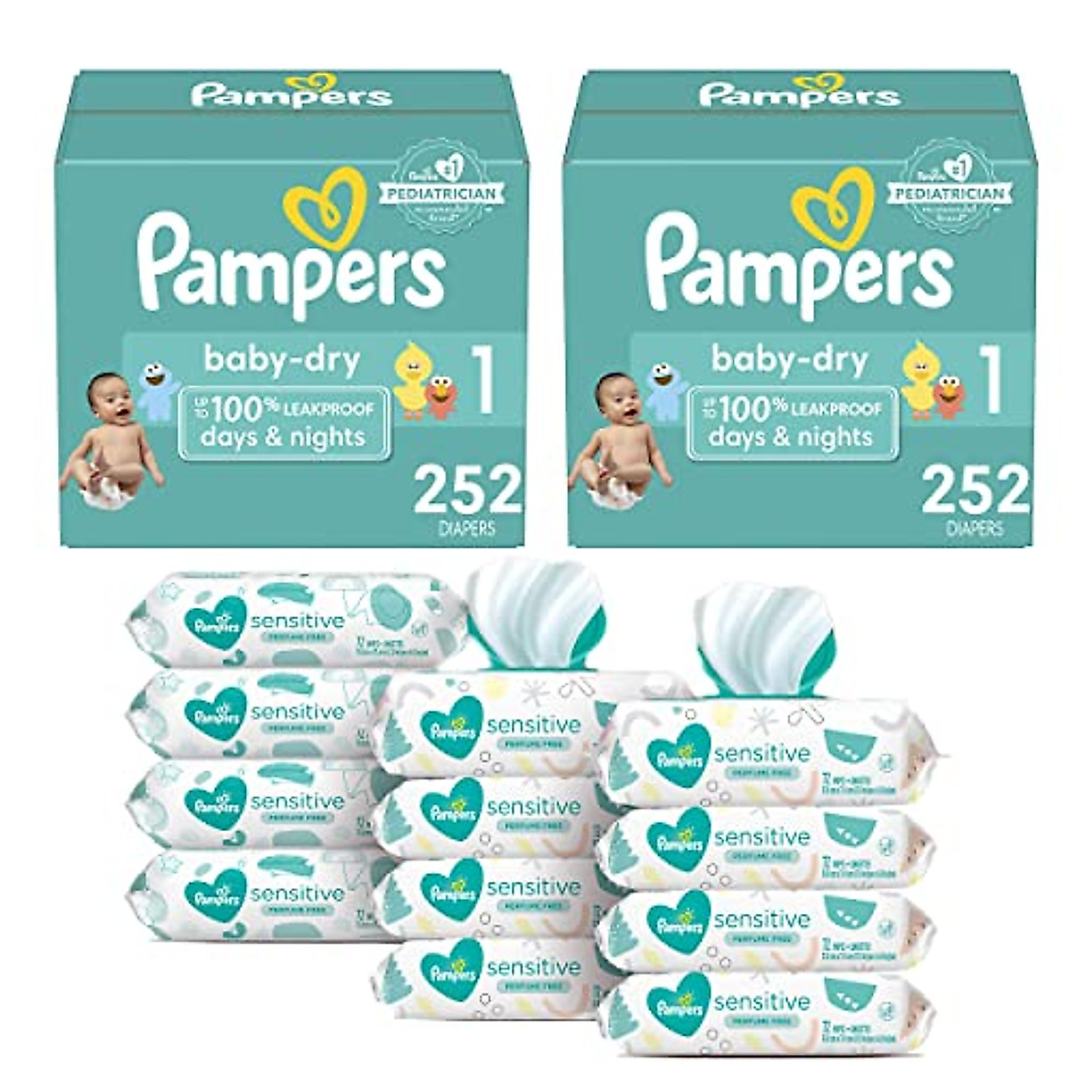 Pampers Baby Diapers and Wipes Starter Kit (2 Month Supply) - Baby Dry Disposable Baby Diapers (2 x 252 Count) with Sensitive Water Based Baby Wipes, 12X Pop-Top Packs, 864 Count