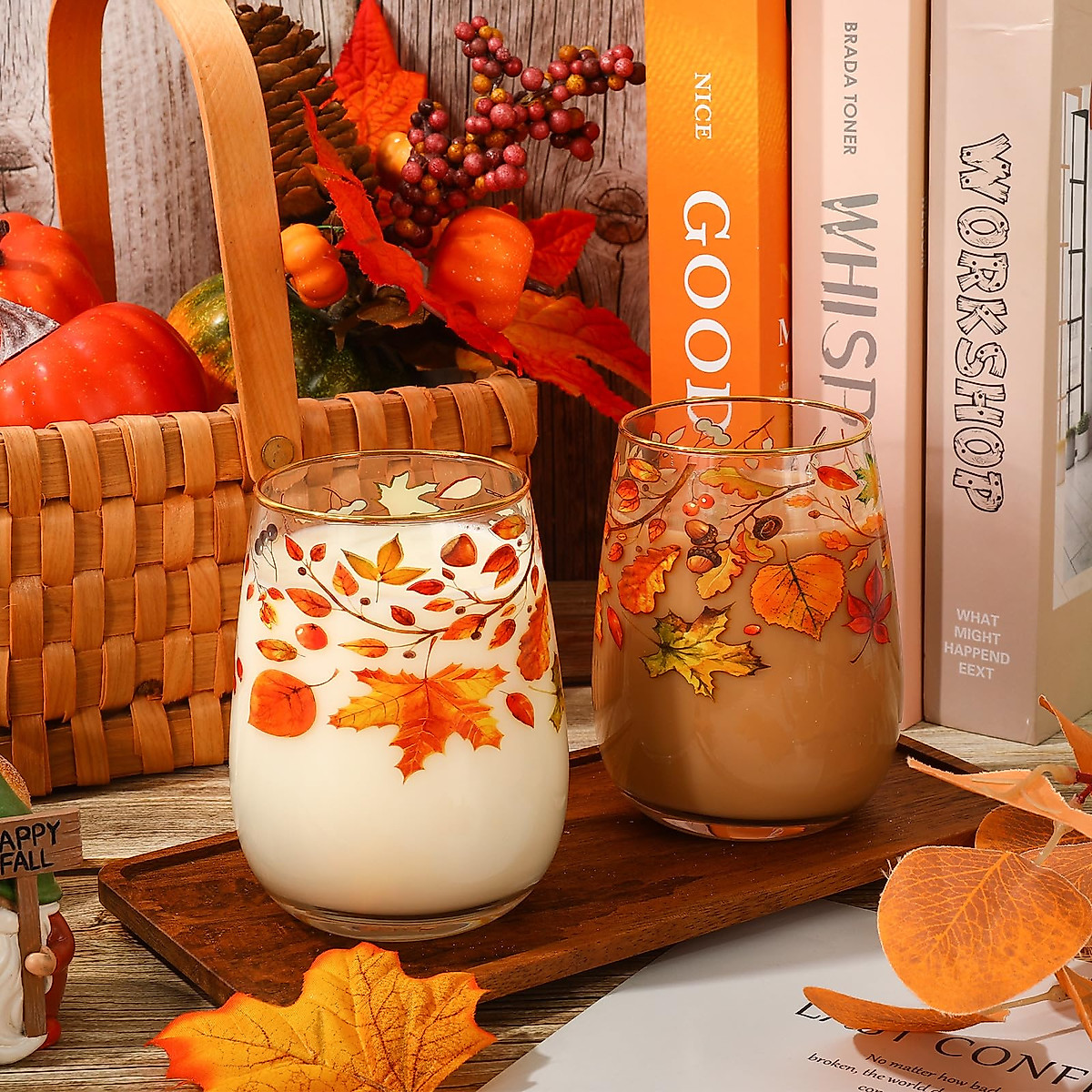 Whaline 2Pcs Fall Stemless Wine Glasses 17oz Maple Leaf Drinking Glasses with Gold Rim Autumn Leaves Tumbler Cups for Party Supplies Gifts