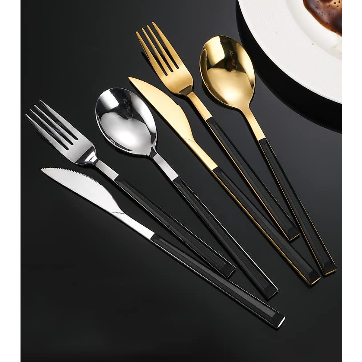 40-Piece Silverware Set with Steak Knives for 8, Food-Grade Stainless Steel Utensils Set Modern Spoons Forks Knives,Tableware Cutlery Set For Home Restaurant Hotel, Mirror Finish Black Handle