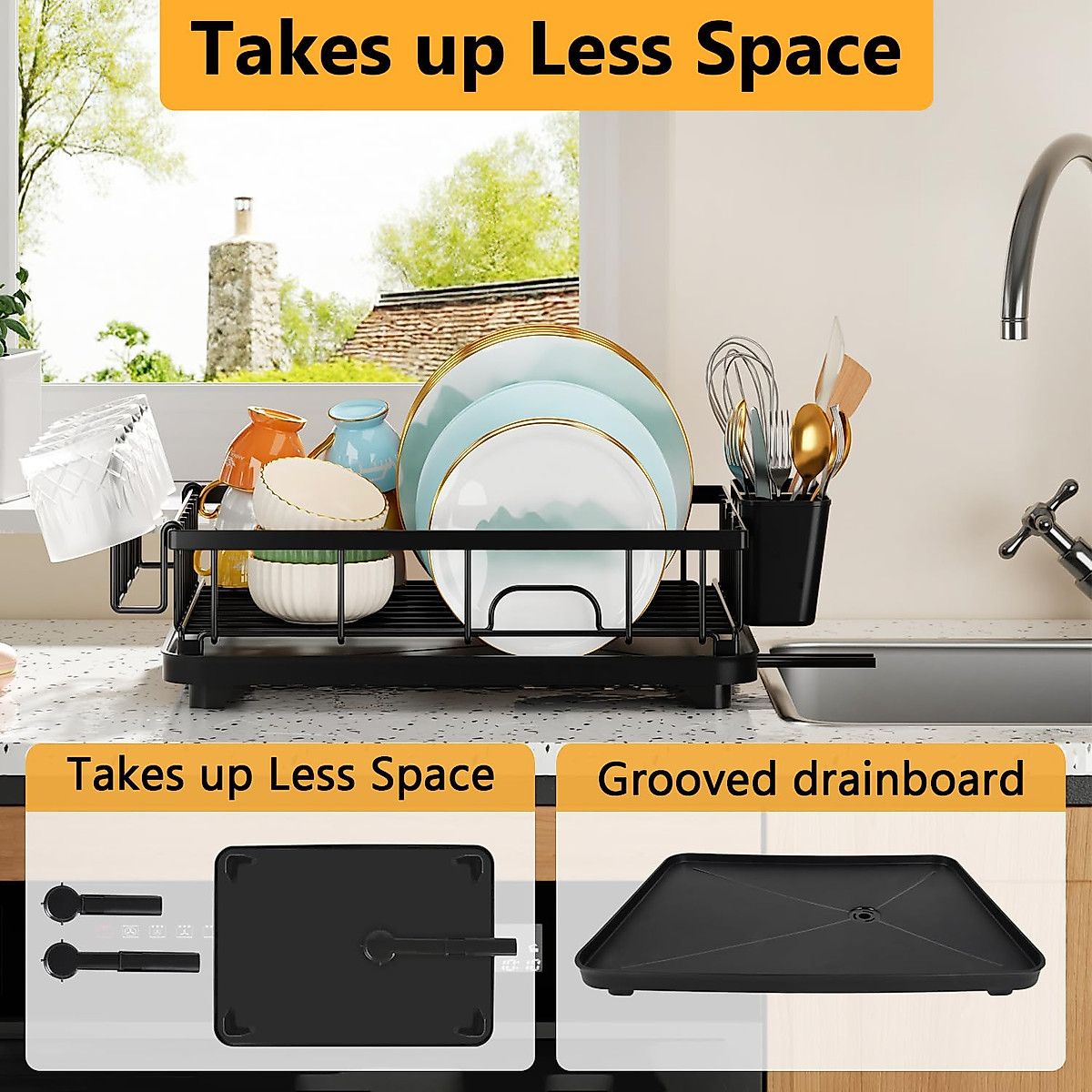 Naturous Dish Drying Rack, Durable Stainless Steel Dish Racks for Kitchen Counter, Space-Saving Compact Dish Rack with Drainborad and Swivel Spout