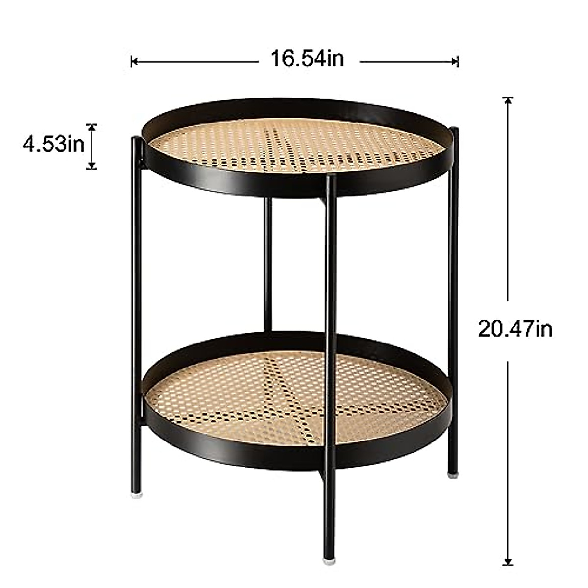 danpinera Black Side Table, 2 Tier Removable Tray Imitation Rattan Table for Living Room, Small Round Table for Bedroom, Small Metal Table for Nightstand 20.47 Inch x 16.54 Inch