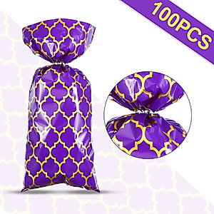 100 Pieces Arabian Nights Cellophane Treat Bags,Eid Mubarak Party Treat Bags,Purple and Gold Goodie Bags with Twist Ties for Arabian Nights Indian Diwali Party Favors