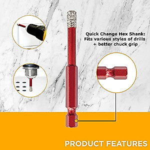 Superior Diamond Tools Dry Diamond Drill Bits - 3pcs 1/4'' (6mm) Quick Change Hex Shank - Diamond Hole Saw for Ceramic Porcelain Granite Marble - Tile Drill Bit - Diamond Drill Bits for Stone
