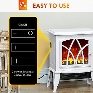 HOMCOM Electric Fireplace Stove, 18" Freestanding Fireplace Heater with Realistic Flame, Overheating Protection, Portable, 750W/1500W, White