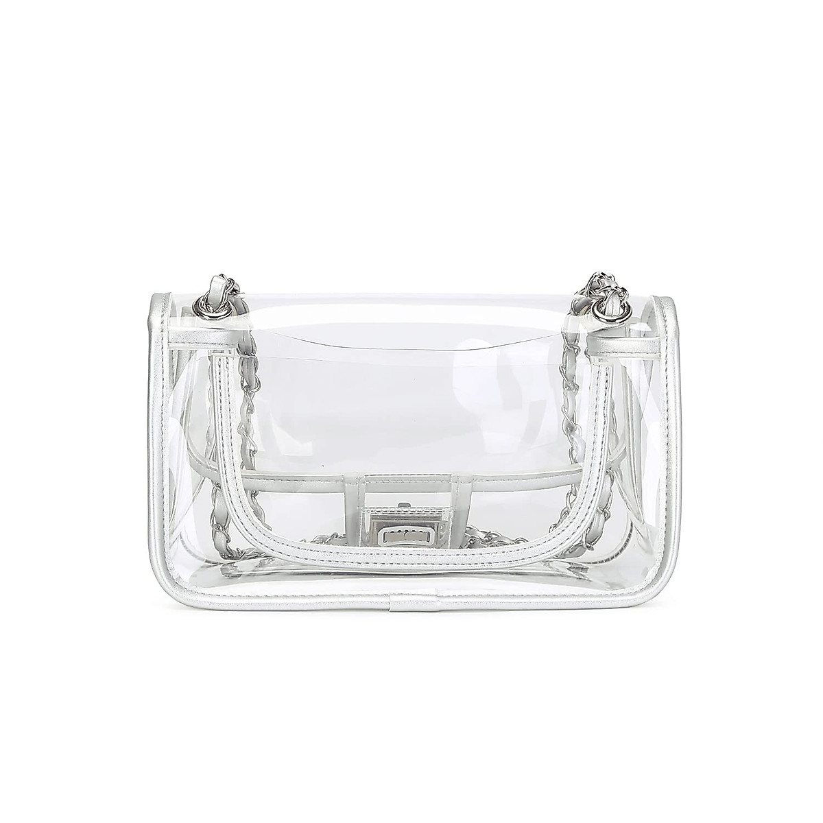 LAM GALLERY Womens PVC Clear Purse Handbag with Chain Stadium Approved Clear Bag See Through Bag for Working and Concert (Silver Silver Large)