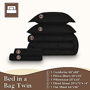 Basic Beyond Twin Bed in a Bag Comforter Set with Sheets - 5 Pieces Twin Comforter Set Black Bedding Sets with Comforter, Flat Sheet, Fitted Sheet, Pillowcase & Sham