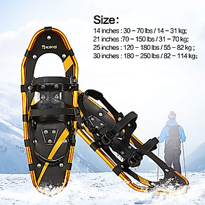 HRKING Lightweight Terrain Showshoes Set for Women Men and Kids, with Trekking Poles and Carrying Tote Bag, 14"/ 21"/ 25"/ 30",Gold/Pink Red/Blue