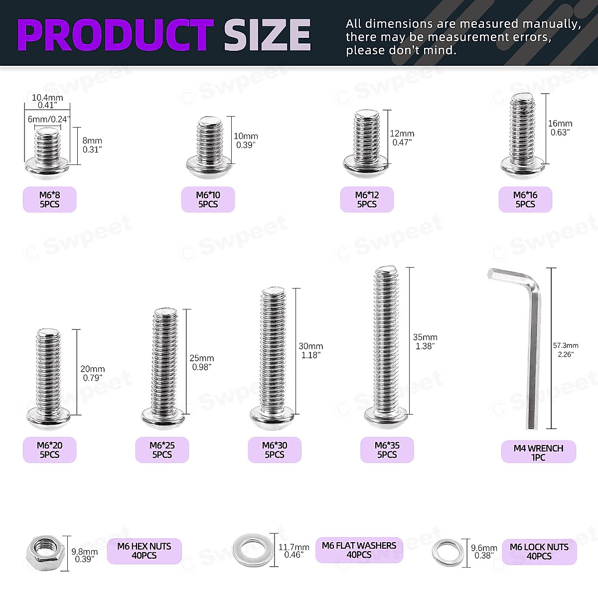 Swpeet 161Pcs M6 Metric 304 Stainless Steel Button Head Hex Socket Head Cap Bolts Screws Nuts and Hex Nuts with Flat Washers and Split Lock Washers Kit, Screws Nuts Washers Wrench All Included