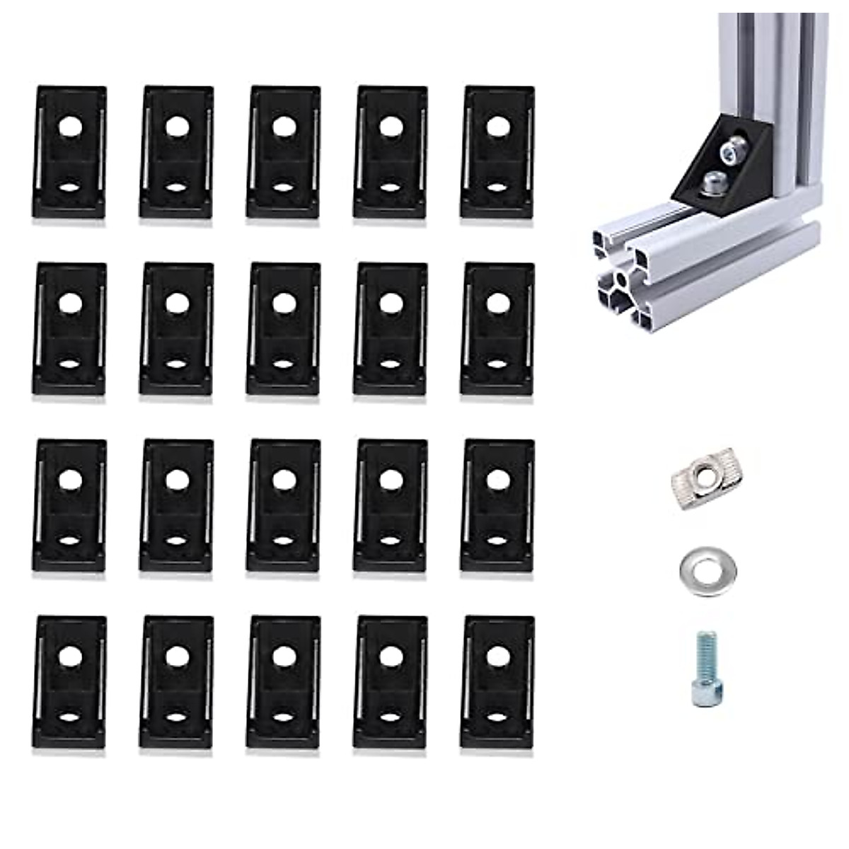 2020 Aluminum Extrusion Connector Bracket Corner Brace Set, Metal Corner Braces with Socket Head Cap Screws, Mounting Bolts and Washers - Aluminum Extrusion Accessories (20mmx20mm, 20pcs)