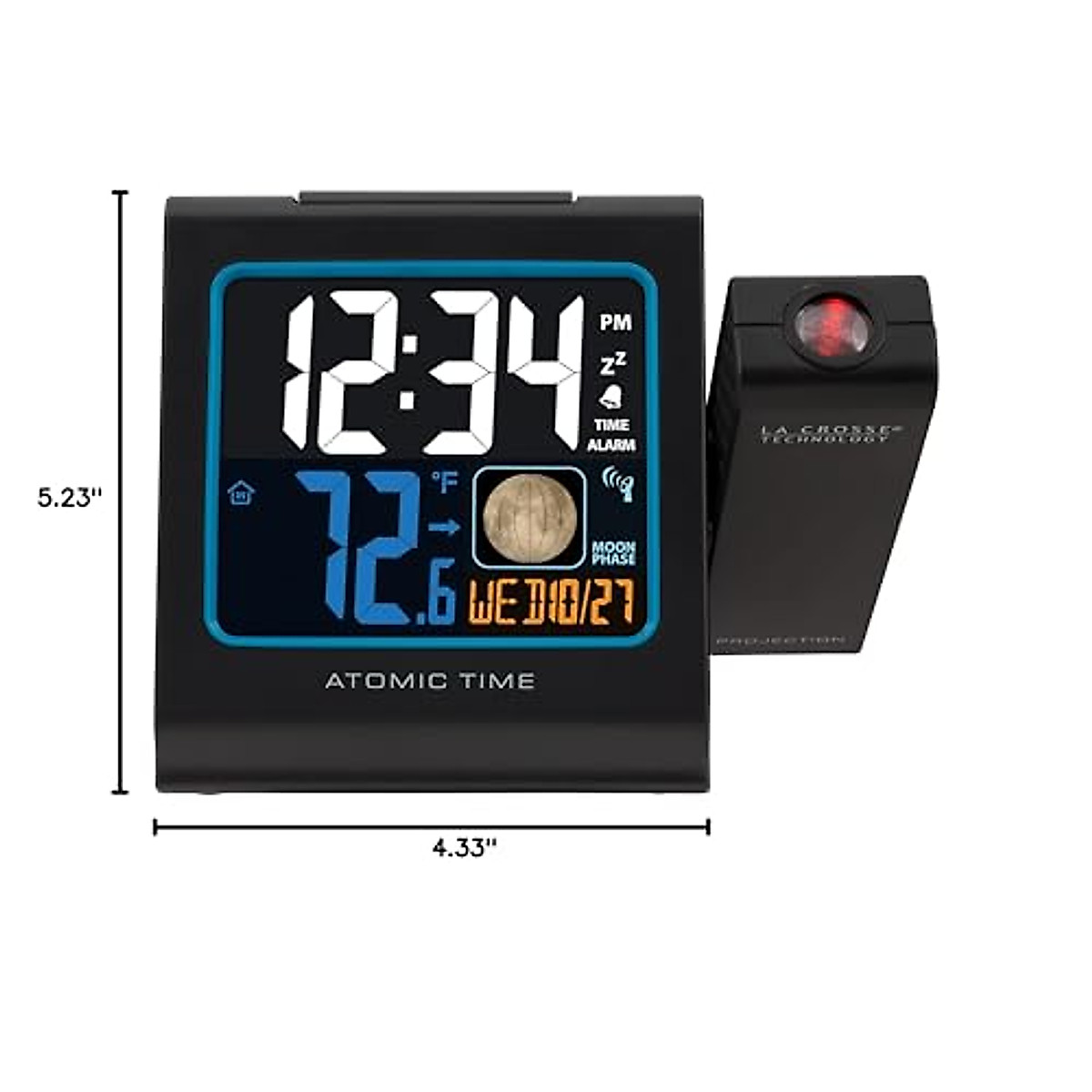 La Crosse Technology 616-146A 5-Inch Color Atomic Projection Alarm Clock with Moon Phase, Black, 5.23"L x 1.96"W x 4.33"H