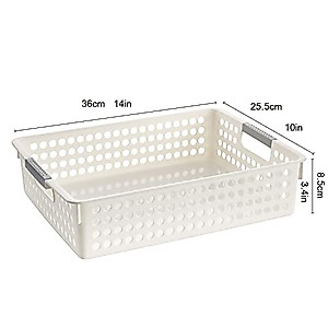 Whale Pocket 6 PCS Plastic Storage Basket, Slim White Organizer Tote Bin Shelf Baskets for Closet Organization, De-Clutter, Toys, Cleaning Products, Accessories 14 x 10x 3.4 in