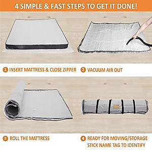 Foam Mattress Vacuum Bag (Queen/Full/Full XL) with Straps and 5 Name Tag Stickers, Moving, Sealable Bag for Mattresses, Double Zip and Leakproof Valve