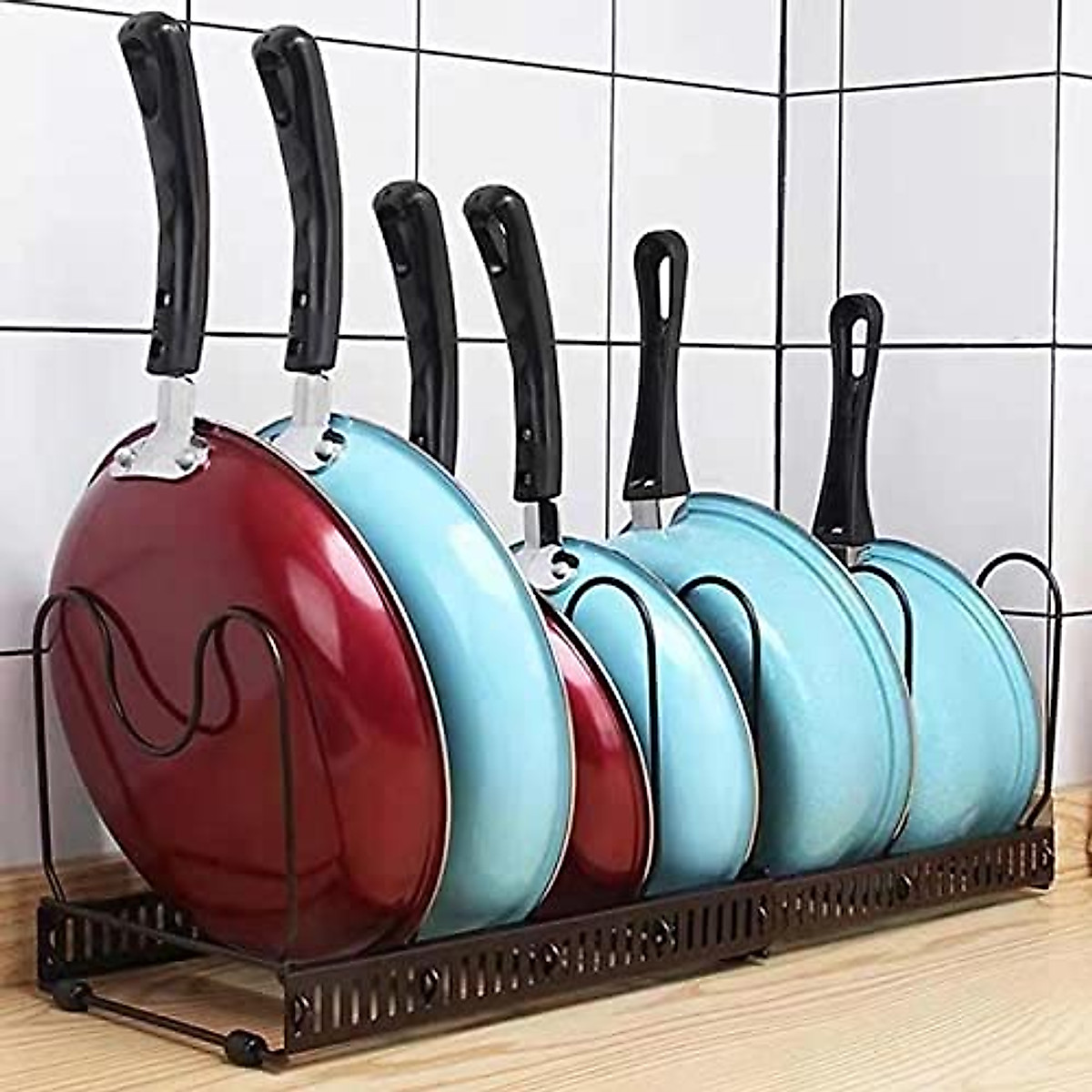 YANEYRIE Pot Rack Organizer,Pan Holder Rack with 7 adjustable Dividers,Pot Lid Organizer Holder for Kitchen Cabinet (Bronze)