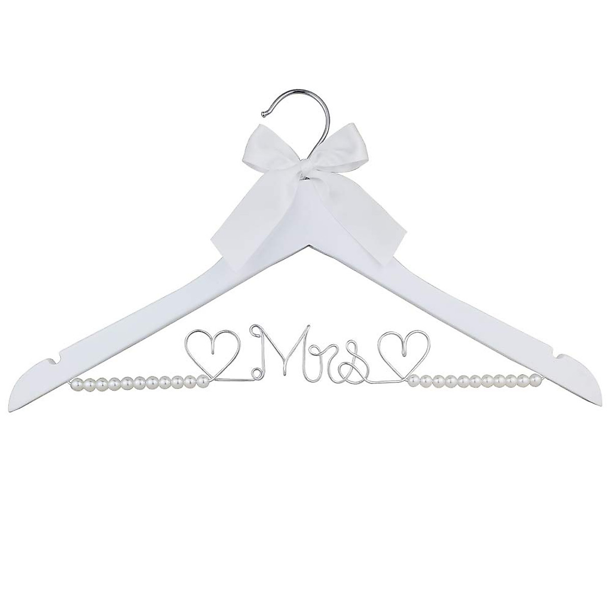 Bridal Dress Hanger Solid Wood Dress Hangers Mrs Letter Hanger Wedding Gift (White Coat Hanger Silver Thread Pearl)