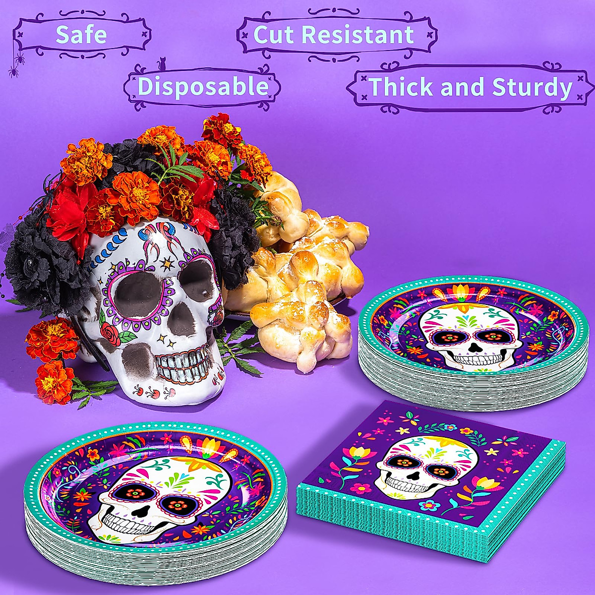 DYLIVeS Day of the Dead Plates and Napkins Party Supplies, Dia de Los Muertos Plates and Napkins Set Sugar Skull Disposable Dinnerware for Mexican Fiesta Carnival Halloween Party Decorations, Serve 50