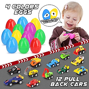 Easter Eggs Prefilled with 12 PCS Dinosaur Toys Figures, Colorful Easter Egg Fillers, Cake Toppers, Easter Basket Stuffers Toy Gifts Party Favor for Kids (Pull Back Cars)