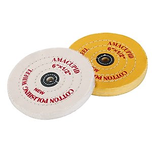 Amacupid Cotton Buffing Wheel 6 inch, for Bench Grinder/Bench Buffer. Polishing Jewelry, Glass, Tools, etc. 1/2" Arbor Hole. White Yellow 2 Pieces