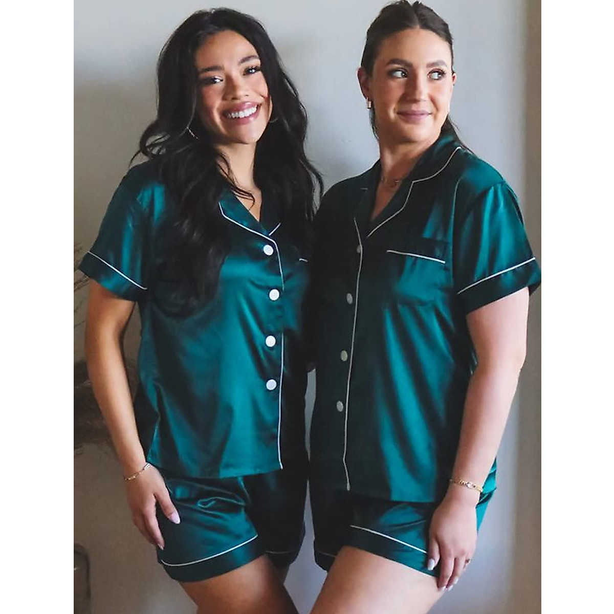 Senert Silk Satin Pajamas Set Women Two-Piece Nightwear Short Sleeve Sleepwear Soft Button Down Loungewear Pjs Set Green,XX-Large