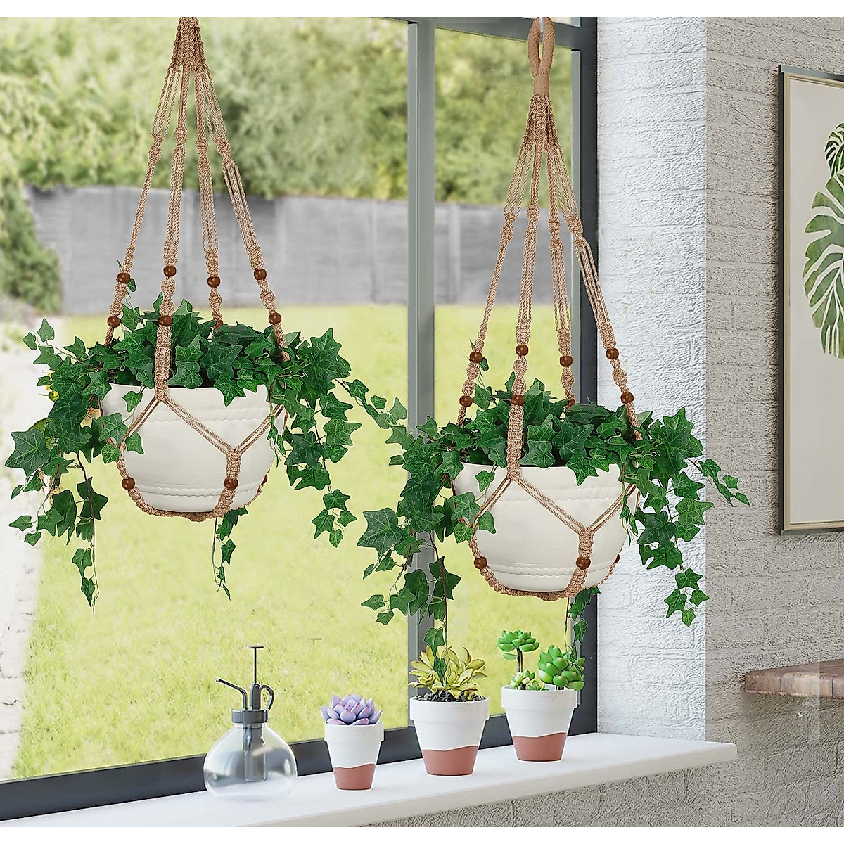 Shineloha 43 Inches Macrame Planter Hanger Large for 12 inch Pot + Swag Hook (Extra Long & Big) | No Tassel, Cotton Rope | Hanging Planter for Indoor Plants, NO Pot/Plant Included (Brown)…